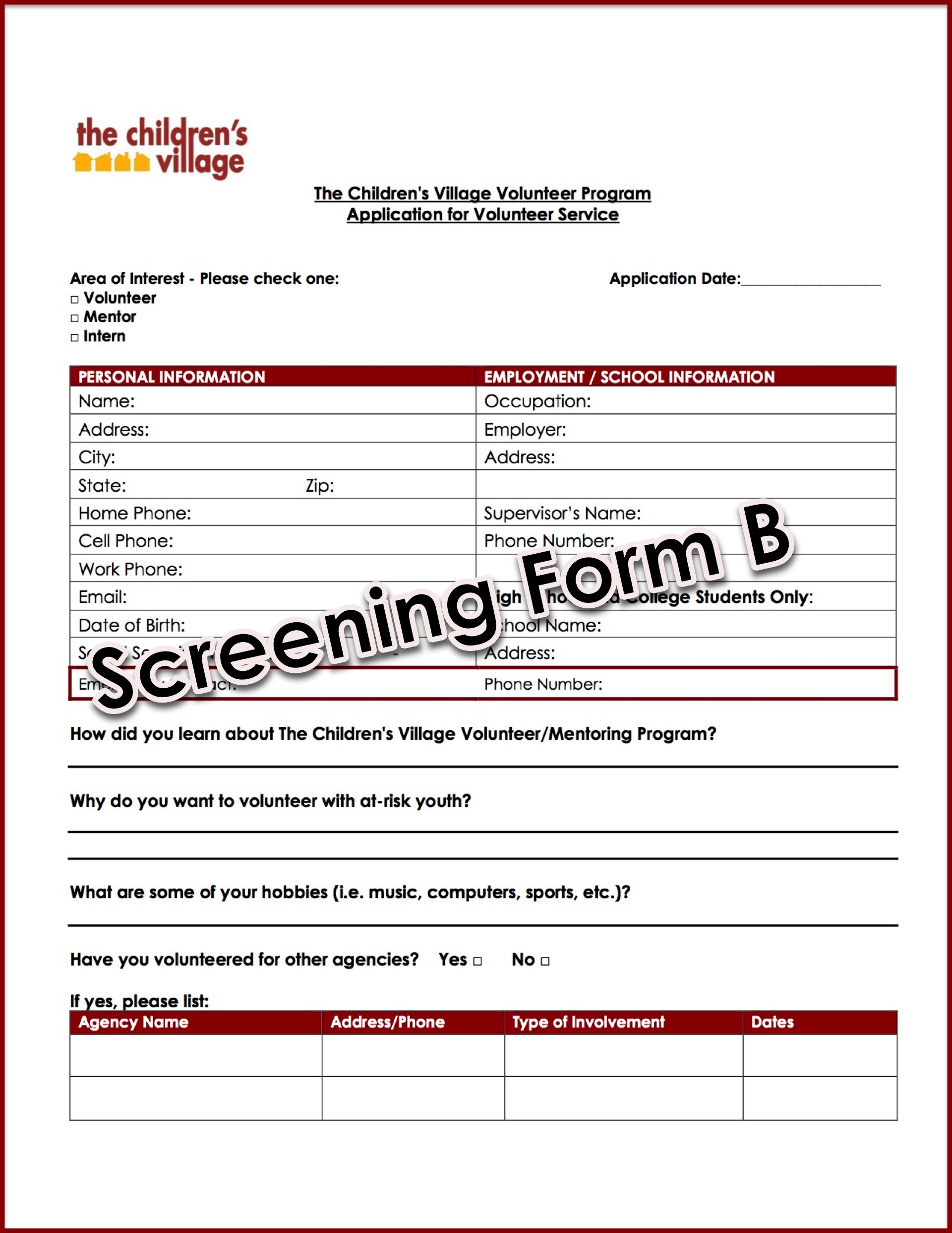 Volunteer Screening Forms - The Children's Village